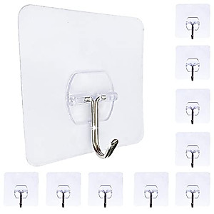 belzo Adhesive Wall Hook, Transparent Non-Marking Sticker for Hanging,10 Pack, Heavy Duty 22 Ibs, Waterproof, Oilproof for Kitchen, Washroom, Living Room, Office