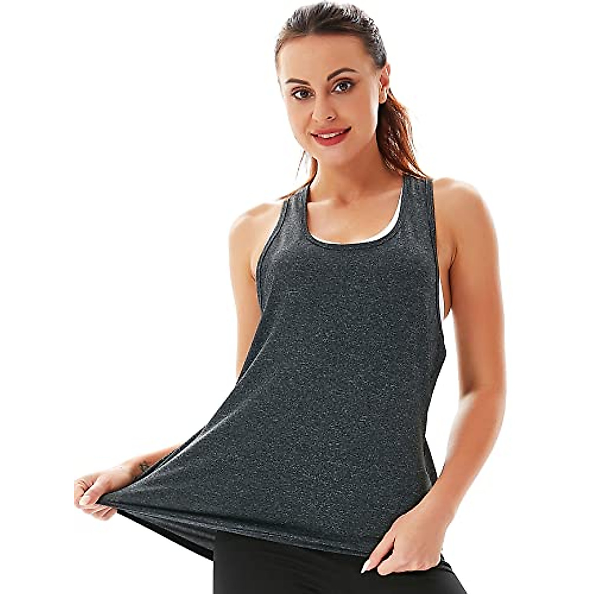 SILKWORLD Womens Athletic Tops Tank Tops for Women Casual Summer Open Back Workout Tops for Women, Black Grey, XXL