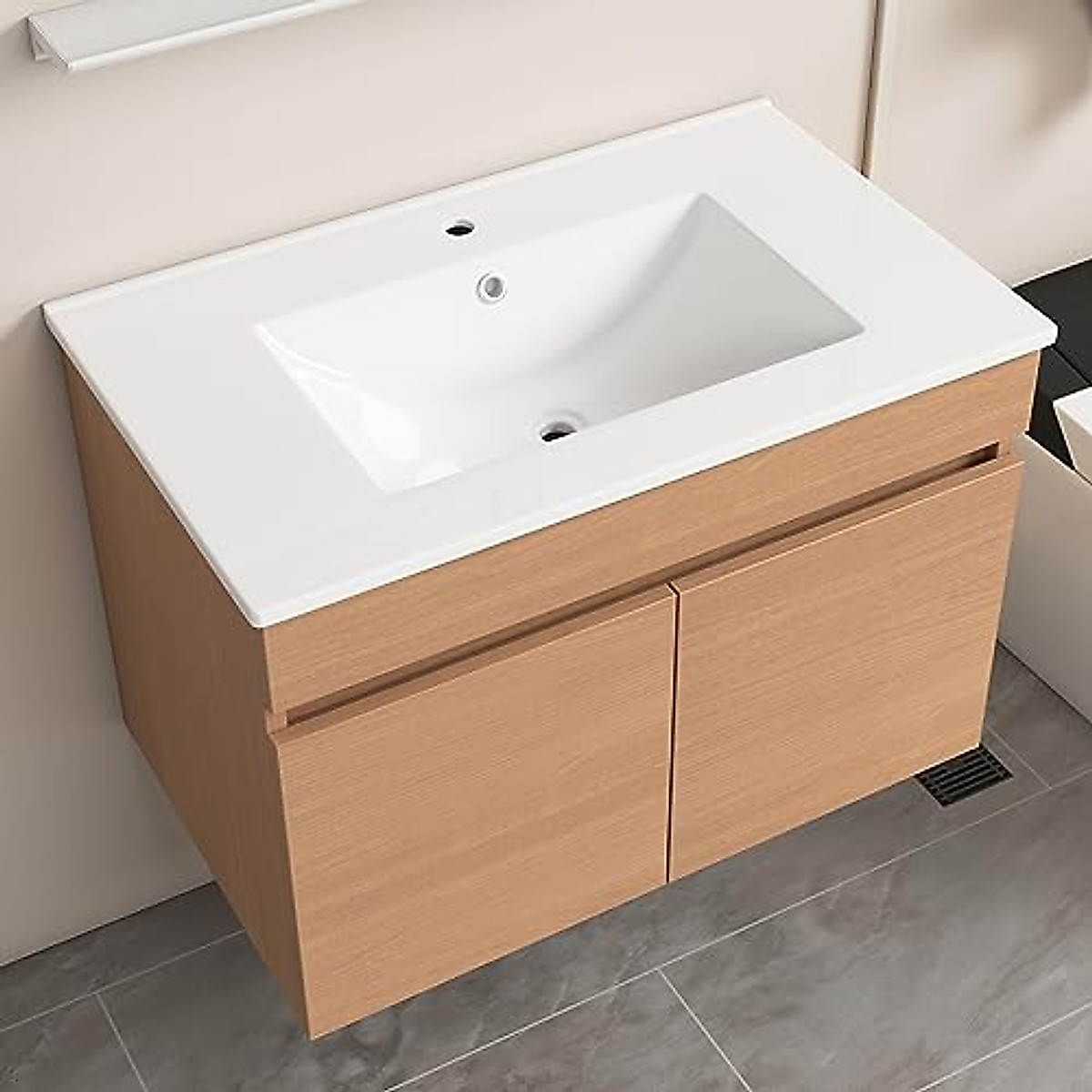 Ymlpre Floating Bathroom Vanity 36 Inch, Wall Mounted Bathroom Cabinet Sink Combo Set with 2 Doors, Ceramic Basin Sink Float Mounting Bathroom Vanity Cabinet for Washroom, 36 Inch Light Oak