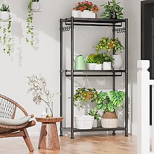 Clussbin Garment Rack Hanging Clothes Heavy Duty Clothes Rack, 3 Tiers Adjustable Wire Shelving Metal Clothing Racks with Double Rods and Side Hooks, Free Standing Wardrobe Closet for Bedroom, Black