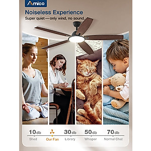 Amico Ceiling Fans with Lights, 52 inch Smart Ceiling Fan with Remote/APP/Alexa Control, Reversible DC Motor, 5 Blades, 6 Speeds, 3CCT, Dimmable, Noiseless, Wifi Ceiling Fan for Bedroom, Farmhouse