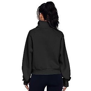 AUTOMET Womens Sweatshirts Half Zip Pullover Cropped Fleece Quarter Zipper Hoodies 2023 Fall Fashion Outfits Clothes Sweater Thumb Hole Black