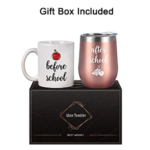 Qtencas Before School After School Teacher Coffee Mug and Wine Tumbler Set, Funny Idea for Teachers, Teacher Appreciation from Students, 12 Oz Insulated Stainless Steel Tumbler 11 Oz Coffee Mug