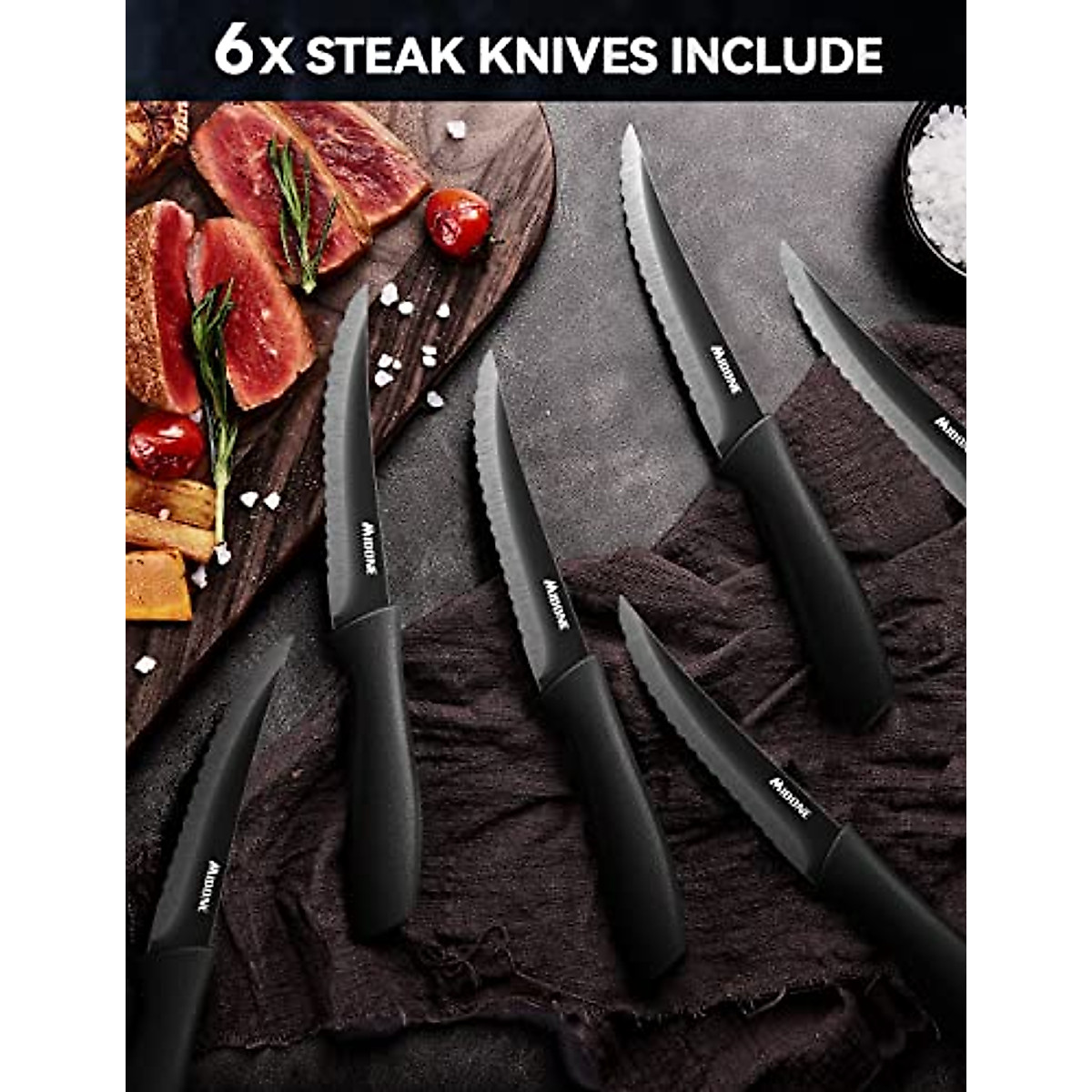 MIDONE Knife Set, 17 Pieces German Stainless Steel Kitchen Knife Set, Include Kitchen Accessories, Black