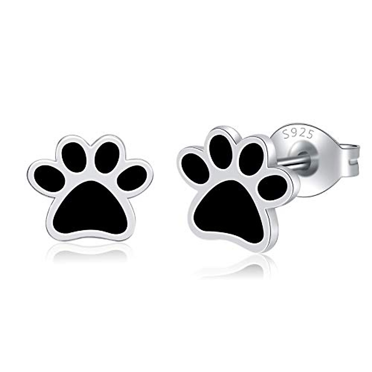 925 Sterling Silver Paw Earrings for Women - Cute Tiny Jewelry Black Enamel Puppy Dog and Cat Paw Print Stud Earrings for Pet Lovers