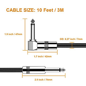 F FEYCH Guitar Cable 10FT Right Angle 1/4 Inch TS to Straight 1/4 Inch TS Electric Guitar and Bass Audio Cord Professional Instrument Cable for Electric Guitar, Bass, Keyboard, Amplifier, Pro Audio