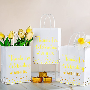 Ctosree 50 Pcs Wedding Gift Bag Thanks for Celebrating with Us Paper Bags Gold Wedding Gift Bags with Handle for Hotel Guests Wedding Gift Bag for Bridal Shower Party Favors