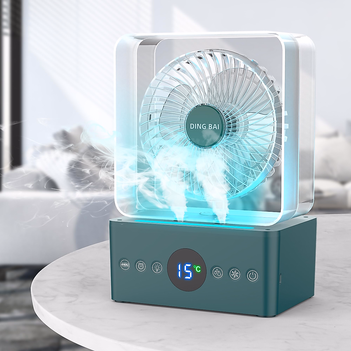DINGBAI Portable Air Conditioner Fan,Camping Fan,Water-Cooled Fan,Misting Fan,Internal Battery,3 levels of speed,5 light Modes,Indoor Thermometer,1-8H Timer,Fan for Outdoor Bedroom Home Office Desktop