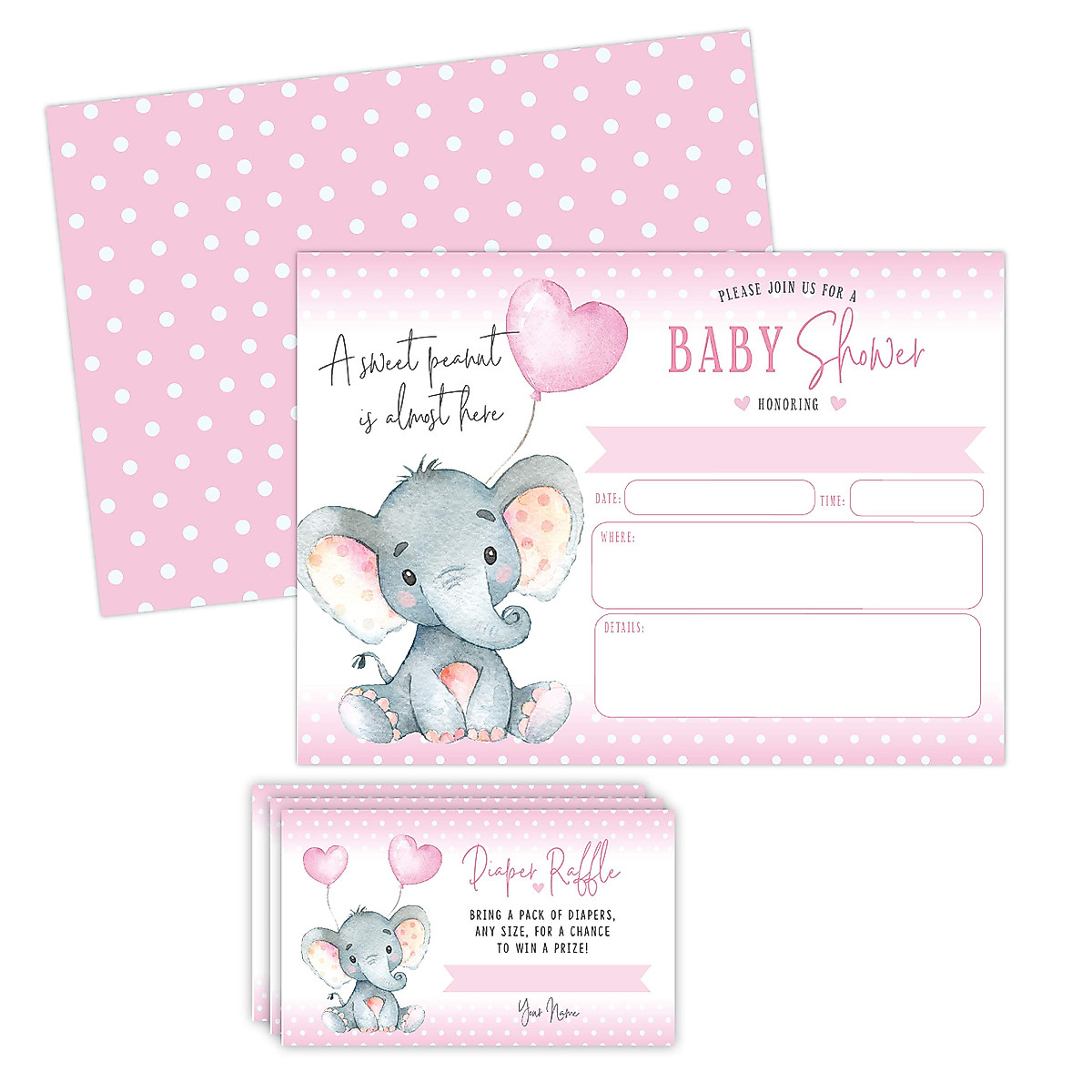Your Main Event Prints Elephant Girl Baby Shower Invitations, Peanut Baby Shower Invites with Diaper Raffles Cards, Sprinkle, 20 Invites Including Envelopes