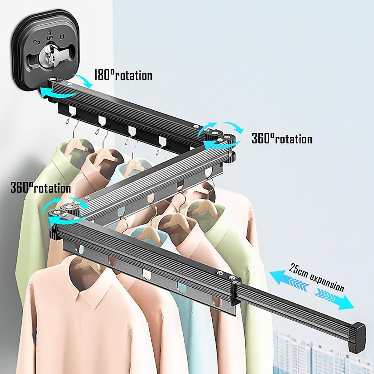 Hemerch Retractable Clothes Drying Rack, Aluminum Clothes Drying Rack Foldable, Retractable Wall Mounted Clothes Hanger Rack, Portable Clothes Drying Rack for Home Organizers (3 Folding, Black)
