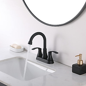 Friho Lead-Free Modern Commercial Two Handle Matte Black Bathroom Faucet, Bathroom Sink Faucet 3 Hole Bath Vanity Faucets with Drain Stopper and Water Hoses