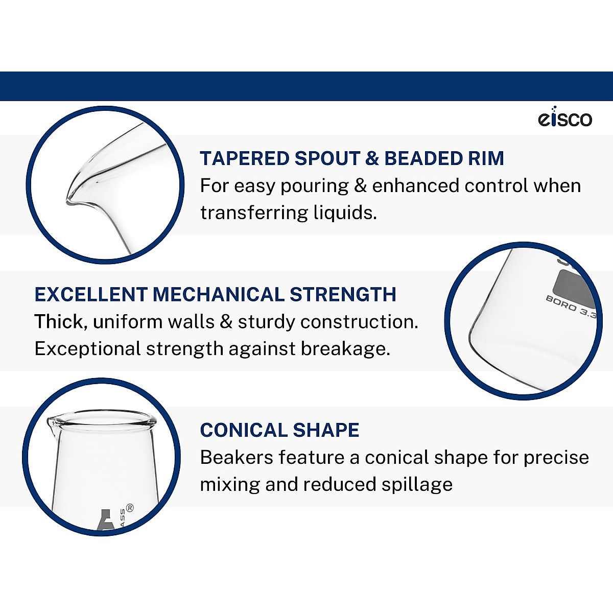 EISCO Conical Philips Beaker with Spout, 250mL - Borosilicate Glass (4.2" Tall, 2.6" Diameter)