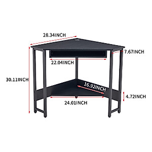 Triangle Computer Desk, Corner Desk with Pull-Out Keyboard Tray & Storage Shelves, Home Office Compact Desk, Gaming Table with Sturdy Steel Frame as Workstation for Small Space (Black)