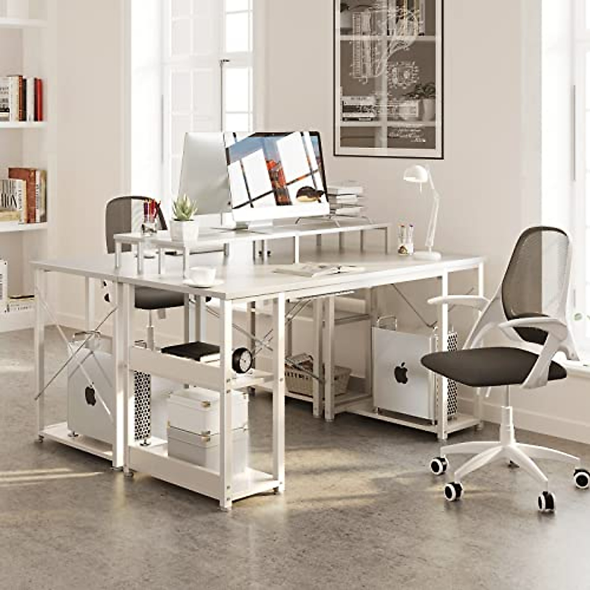 ODK 48 inch Computer Desk with Monitor Shelf and Storage Shelves, Gaming Desk, Study Table with CPU Stand & Reversible Shelves, White