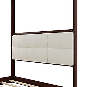 HAUSHECK Queen Size Canopy Bed with Upholstered Headboard, Four-Poster Queen Canopy Platform Bed Frame, Wood Floor Bed Frame with Sturdy Wooden Slatted Structure, No Box Spring Needed, Easy Assembly