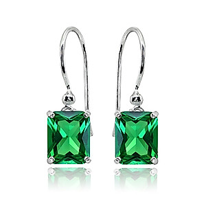 Sterling Silver Simulated Emerald Octagon-Cut Solitaire Drop Dangle Earrings for Women