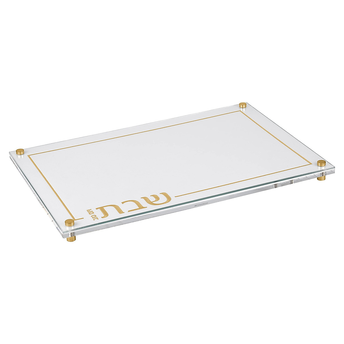 Lucite Challah Board - Shabbat Challah Board with Embroidered Leatherette, Acrylic and Glass Top - Challah Bread Platter (Gold)