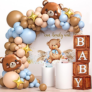 117 Teddy Bear Baby Shower Decorations for Boy Birthday Supplies Brown Blue Balloon Garland Kit Wood Grain Boxes with Letters Bearly Wait Backdrop Bear Theme Baby Shower Decor