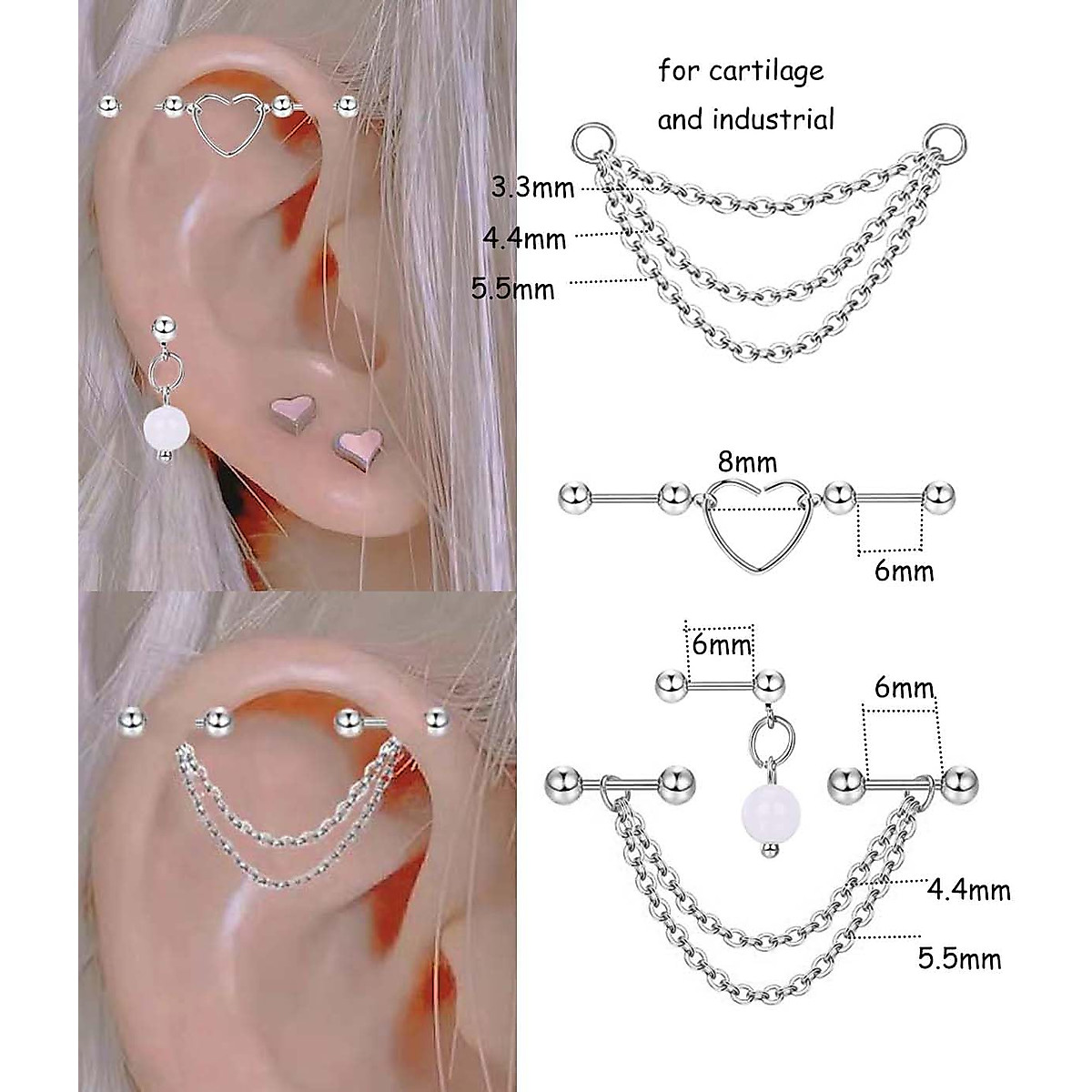 14G Industrial Barbell Earrings Stainless Steel Long Cartilage Helix Conch Body Piercing Jewelry 7-18pcs (Set #1)