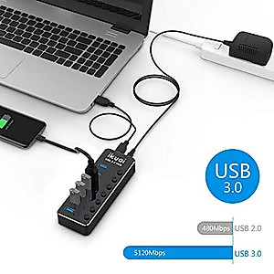 Powered USB 3.0 Hub, ikuai 7-Port Multiple USB Port Splitter, USB 3 Powered Hub with Individual LED On/Off Switches and Power Supply, Multiple USB Hub 3.0 Powered for Mac, PC
