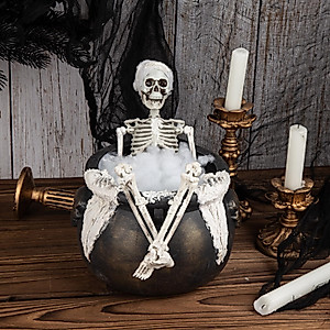 8" Cauldron Halloween Decorations Indoor, Skeleton Bathing Black Plastic Cauldron with LED Lights, Perfect Witch Cauldron Decor for Indoor Halloween Decorations Party & Haunted House Props