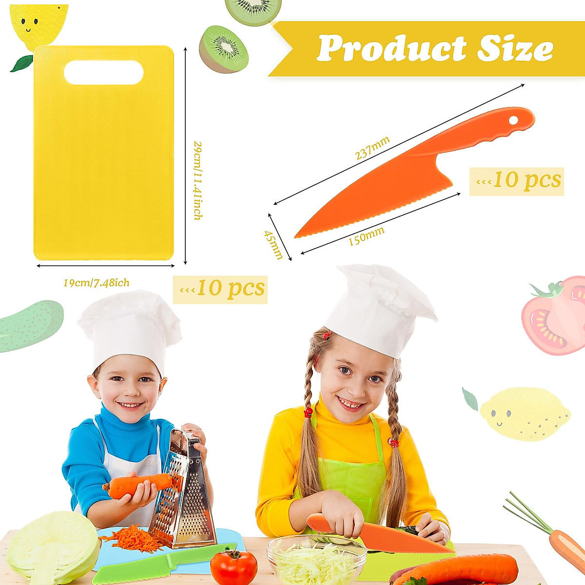 Yinkin 20 Pcs Kids Plastic Knife Set with Cutting Board Toddler Knife Tools, Including 10 Child Safe Knife 10 Kids Chopping Board Kids Cooking Utensils for Cooking Club, Preschool (Bright,Basic)