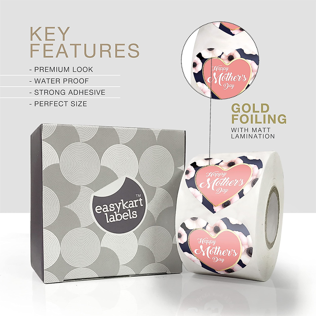 Easykart 500 Happy Mother's Day Stickers with Flowers Heart Shaped with Gold Foiling, Mother's Day Party Favor Sticker Labels for Classroom Candy Bags (1.5 Inch)