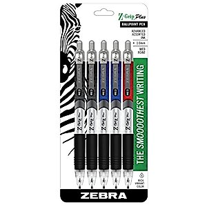 Zebra Pen Z-Grip Plus Retractable Ballpoint Pen, Medium Point, 1.0mm, Assorted Ink, Assorted Barrel Colors, 5-Count