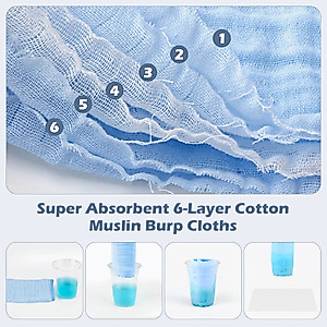 Maliton Baby Boy Muslin Burp Cloths 6 Pack Large 20''x10'' 100% Cotton Burp Rags Absorbent and Soft 6 Layers Baby Spit Up Rags Newborn Boy Essentials(Blue, Pack of 6)