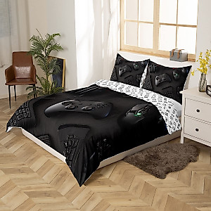 Modern Gamepad Bedding Set, Boys Youth Video Game Controller Mouse Keyboard Headphone Gaming Equipment Comforter Cover, Decorative 3 Piece Duvet Cover With 2 Pillow Shams, Queen Size, Red Black White