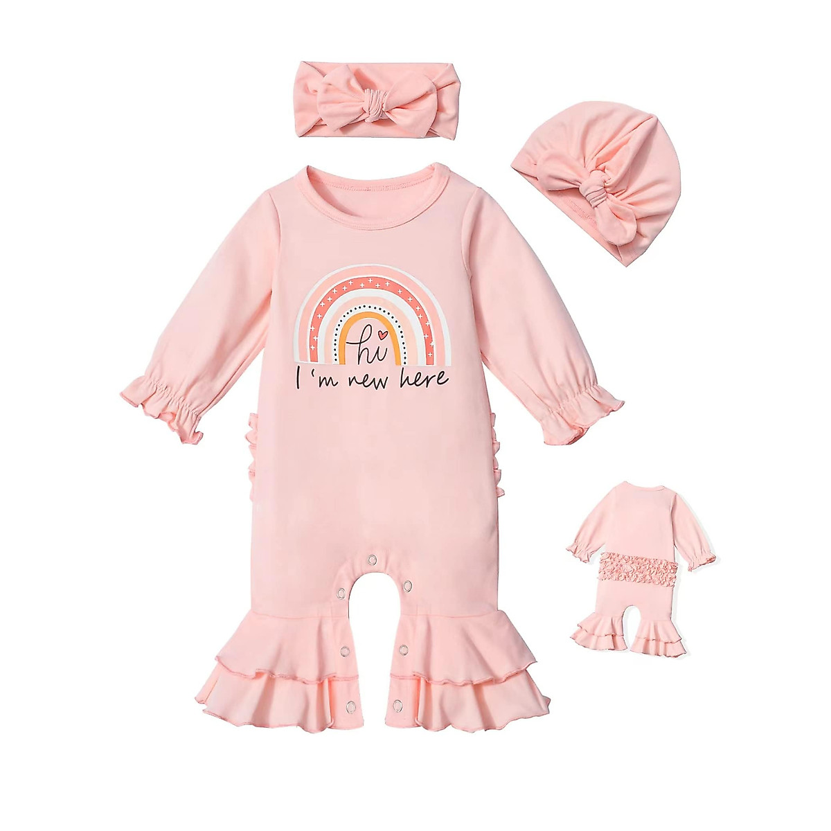 AGAPENG Baby Girl Clothes Newborn Girl Clothes hi I'm new here Romper Ruffle Rainbow Onesie Flare Bell Bottom Jumpsuit Fall Winter Outfits Newborn Girl Outfits Pink with Headband Hat
