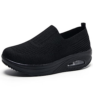GSLMOLN Women's Slip On Walking Shoes Air Cushion Mesh Breathable Sock Sneakers Tennis Running Shoes Non-Slip Fashion Casual Wedge Platform Loafers Workout Exersices Outdoor Black Size 8.5