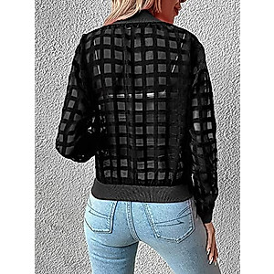Floerns Women's Hollow Out Long Sleeve Baseball Collar Zip Up Bomber Jacket Black Plaid L