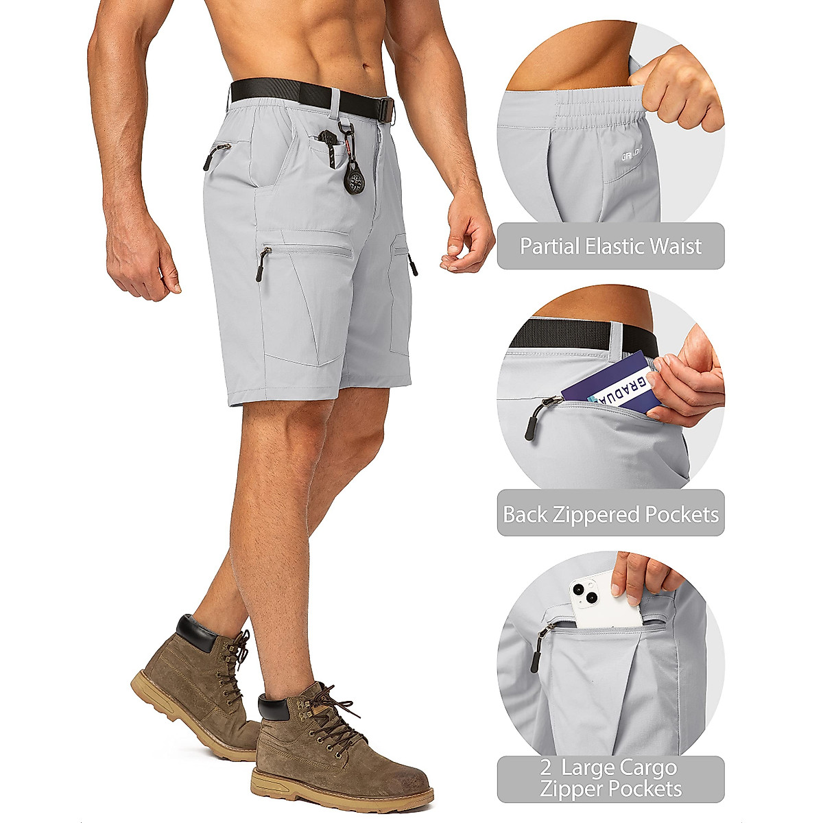 Men's Hiking Cargo Shorts Stretch Quick Dry Outdoor Tactical Shorts for Men with Multi Pocket for Fishing Casual(Light Grey,XXL)