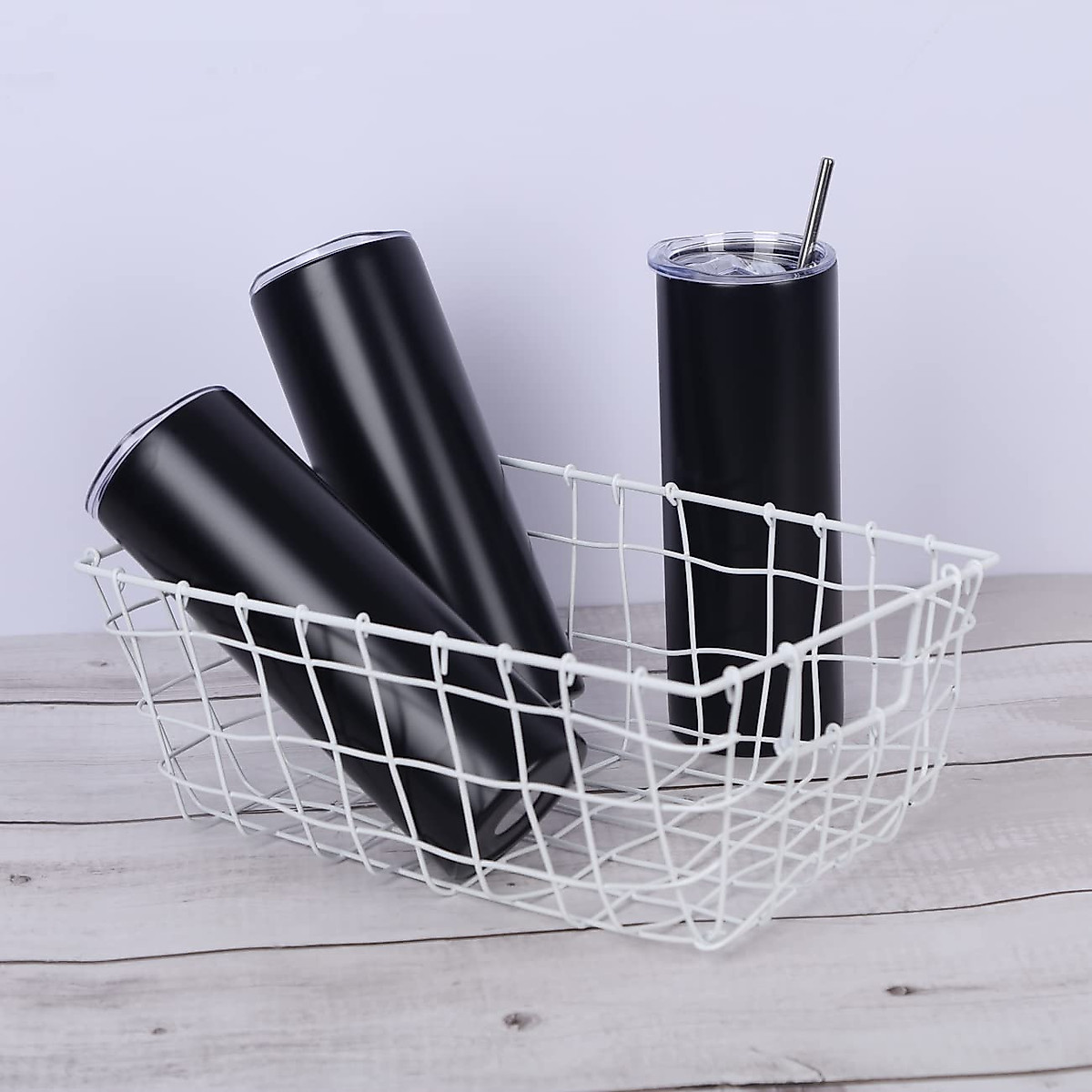 Wzaytia 12 Pack 20 Oz Straight Skinny Tumblers,Individually Gift Boxed Stainless Steel Slim Skinny Tumbler Set Bulk, 20 Oz Insulated Slim Thin Travel Tumbler Cup for Diy, Black