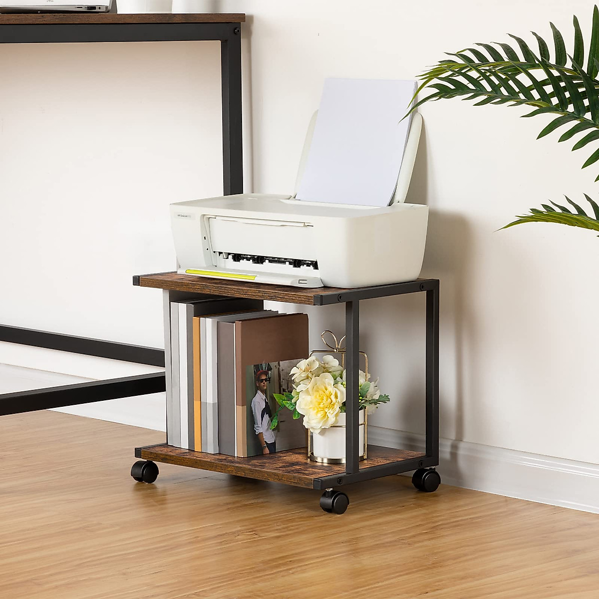 HOOBRO Industrial Printer Stand, 2-Tier Printer Cart with Storage, Printer Table With Adjustable Anti-Skid Feet, Under Desk Storage Cart on Wheels, for Home and Office, Rustic Brown and Black BF42PS01