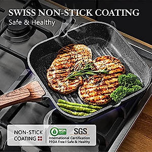 SENSARTE Nonstick Grill Pan for Stove Tops, Versatile Griddle Pan with Pour Spouts, Square Grill Pan for Big Cooking Surface, Durable Grill Skillet for Indoor & Outdoor Grilling. PFOA Free, 9.5 Inch