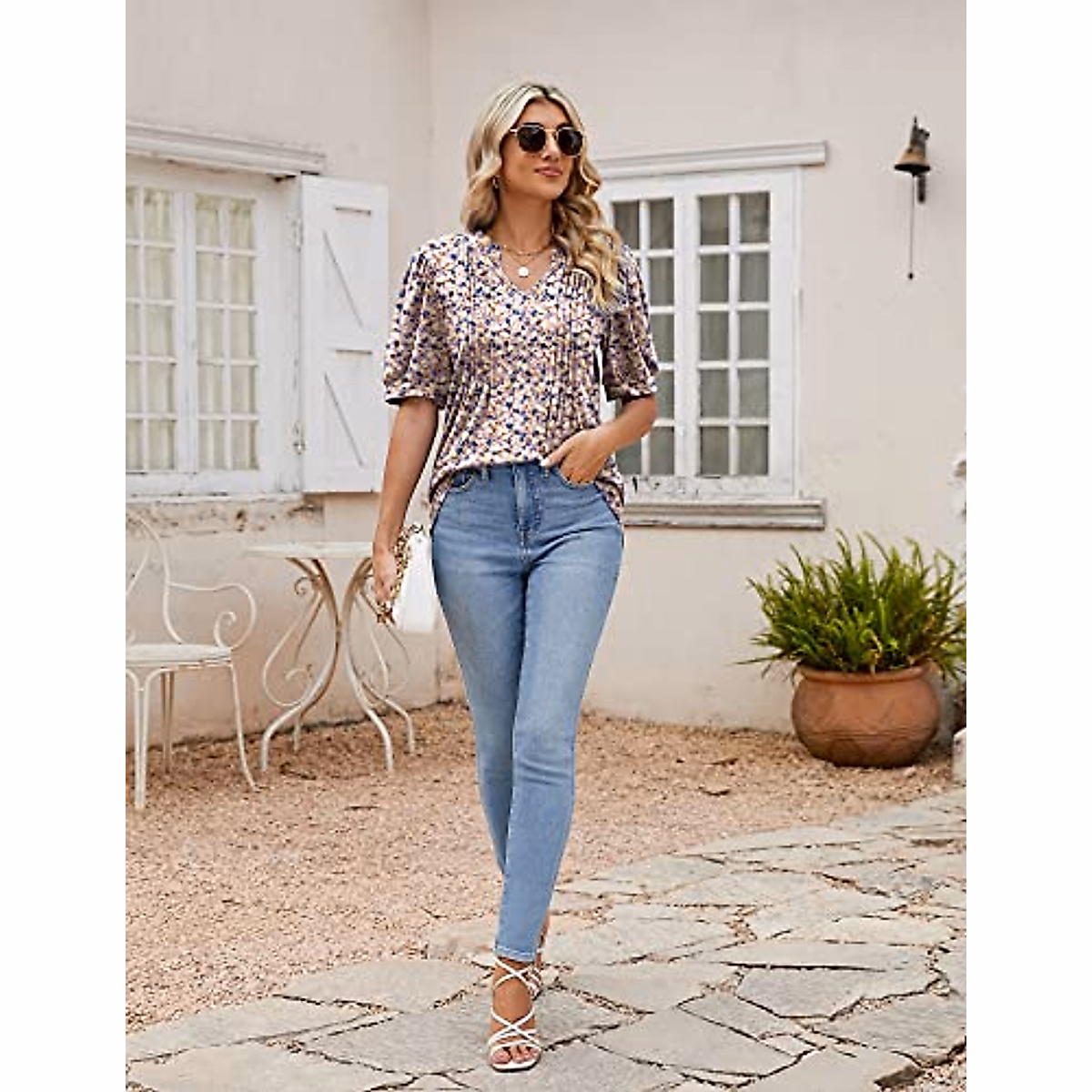 Womens V Neck Shirts Short Sleeve Summer Tops Puff Pleated Casual Tunic Blouses Floral Pink XXL