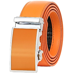 Falari Leather Dress Belt Ratchet Belt Holeless Automatic Buckle Adjustable Size 8001 (8801 Orange, Fit from 28 to 36")