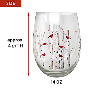 BANBERRY DESIGNS Cardinal Wine Glass - Set of 4 - Stemless Glasses - Cardinals Perched on White Birch Trees - All Occasion - Approximately 4 3/4" H 20 oz