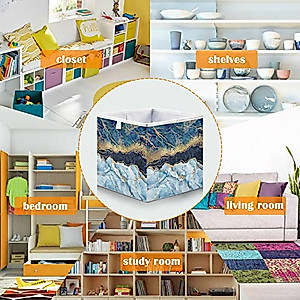 Marble Blue Gold Collapsible Open Storage Bins, Foldable Toy Nursery Storage Basket Bin Cloth Cube Rectangular Organizer with Handles for Shelves Closet Home Decor