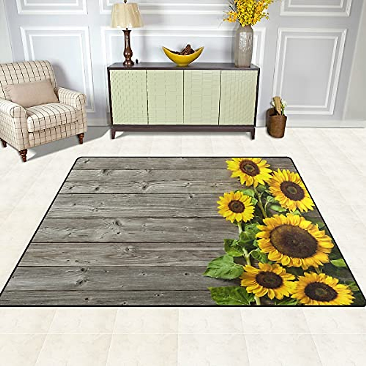 ALAZA Yellow Floral Sunflower Wooden Non Slip Area Rug 5' x 7' for Living Dinning Room Bedroom Kitchen Hallway Office Modern Home Decorative
