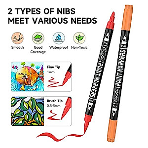 32 Colors Paint Markers, Dual Tip Acrylic Paint Pens for Wood, Canvas, Glass, Ceramic, Fabric,Rock Painting, DIY Crafts Making Art Supplies (Fine Tip and Brush Tip)