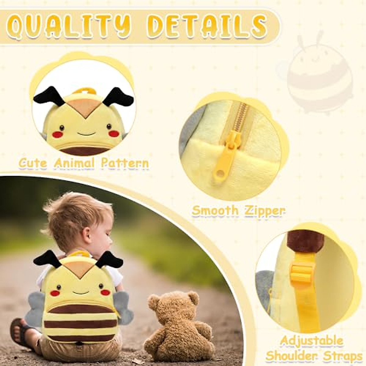 Kasqo Cute Toddler Backpack for Boys and Girls, 9.4" 3D Soft Plush Animal Mini Lightweight Travel Bag for Baby, Flying Bee