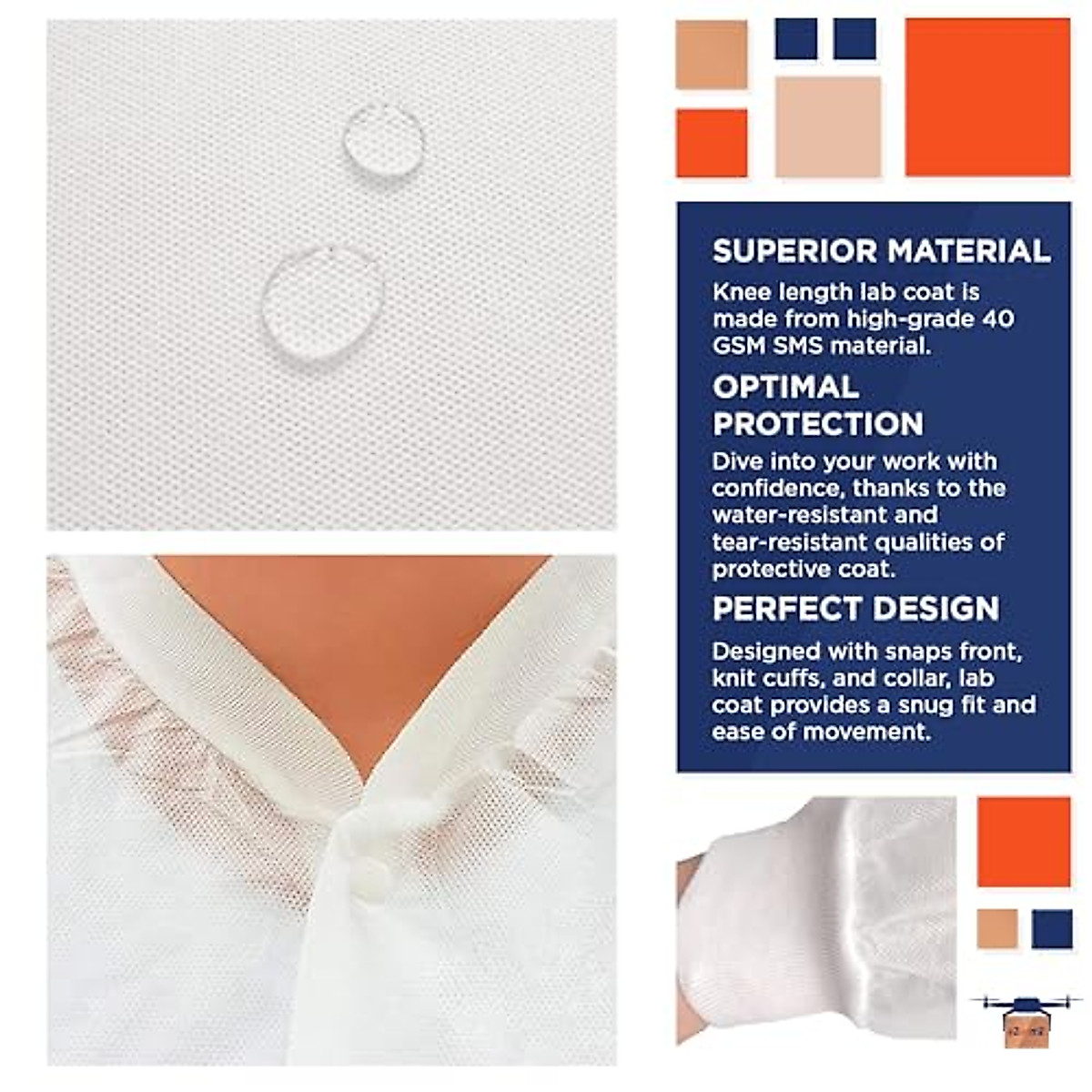 EZGOODZ White Disposable Lab Coats for Adults, S. 10 Pack Disposable Lab Coat with Snaps. SMS 40 GSM Medical PPE Coat. Painting Lab Coat Disposable with Snaps Front, Knit Cuffs, Collar, 3 Pockets