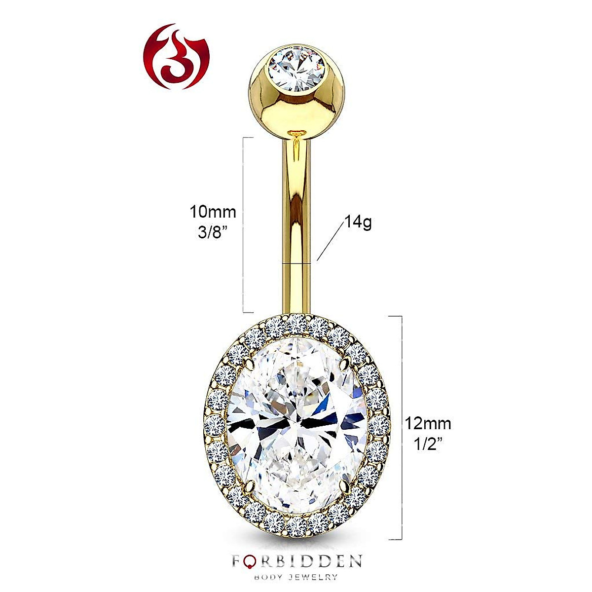 Forbidden Body Jewelry Surgical Steel Double Tiered Fancy CZ Oval Belly Button Ring with Large CZ Center, Clear (Gold Tone)