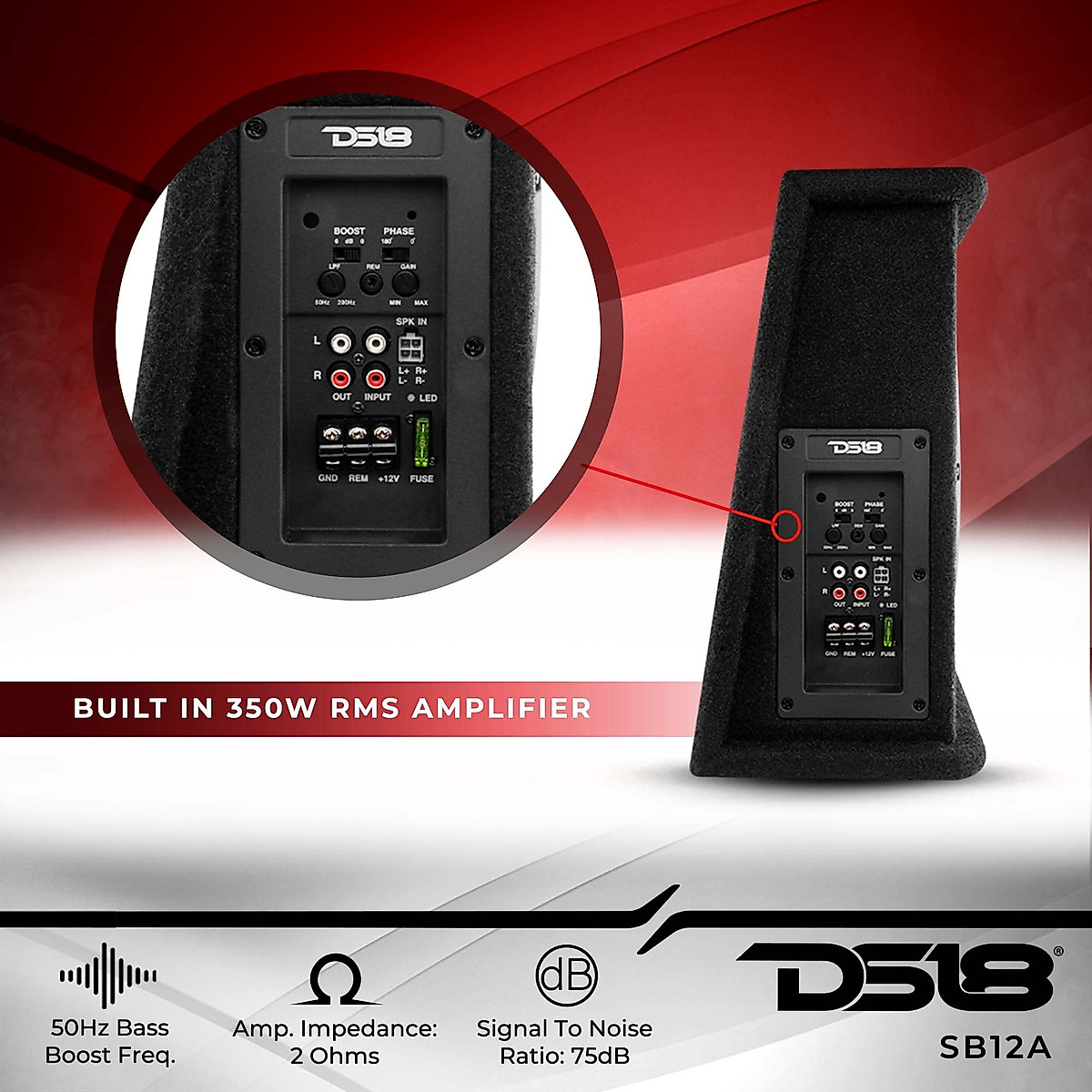 DS18 SB12A 12 Inches Shallow Subwoofer Enclosure with Built in Amplifier – Car Audio All in One Amplifier and Subwoofer Bass Package 700 Watts Power – Great Stealth Car Subwoofer in Box with Amp