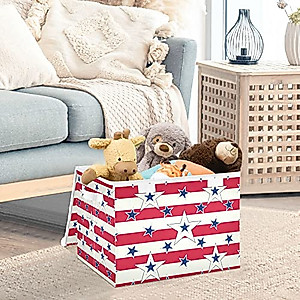 Oyihfvs American Patriotic Blue Stars Red Stripes Independence Memorial Foldable Cube Storage Basket Collapsible Fabric with Lidded Sturdy Handles Organizer Box for Home Bedroom 16.5 x 12.6 x 11.8 in