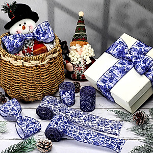 Lyrow 6 Rolls Christmas Chinoiserie Ribbon White and Blue Wired Edge Floral Ribbon Butterfly Flower Pattern Fabric Craft Wreath Bow Wrapping 2.52 Inches by 5 Yards