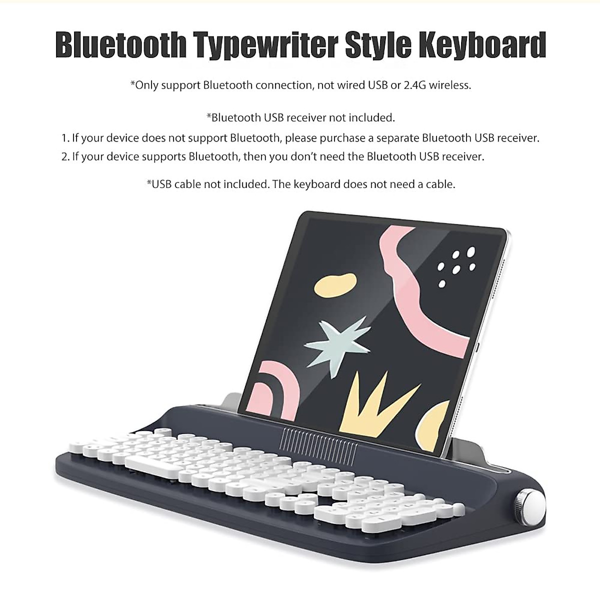 TISHLED Typewriter Keyboard Wireless Bluetooth 5.0 Retro Aesthetic Cute Kawaii Round Keycaps 106-Key Num Pad Clicky Mechanical Feeling with Pad/Phone Holder for Windows/Mac OS/Android/iOS (Midnight)